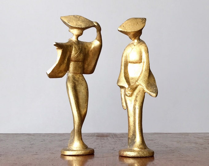 Two Vintage Mid Century Cast Iron Dancing Geisha Figurines Sculptures ...