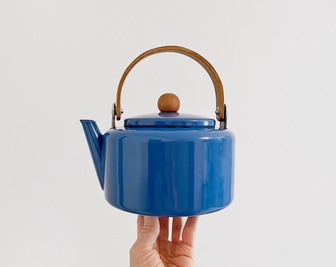 Vintage Circa 1990's Blue Enamel Kettle / Teapot With Wood Handle ...