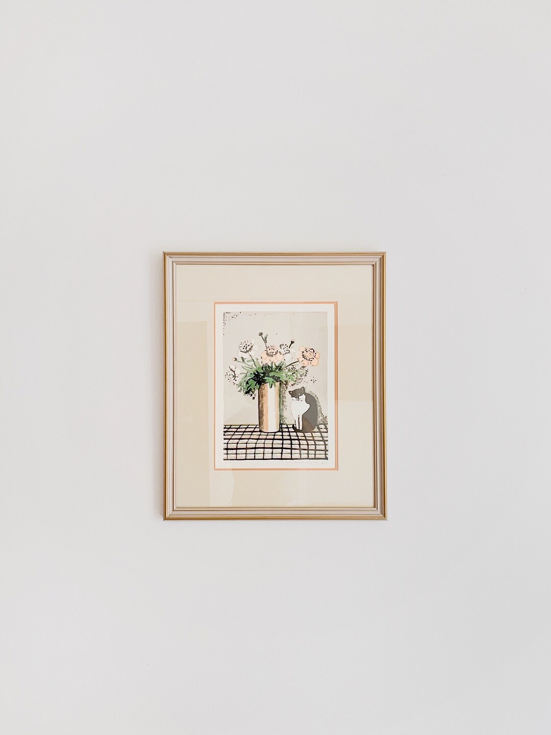 Charming Vintage Screenprint of a Cat and Flower Bouquet Arrangement in ...