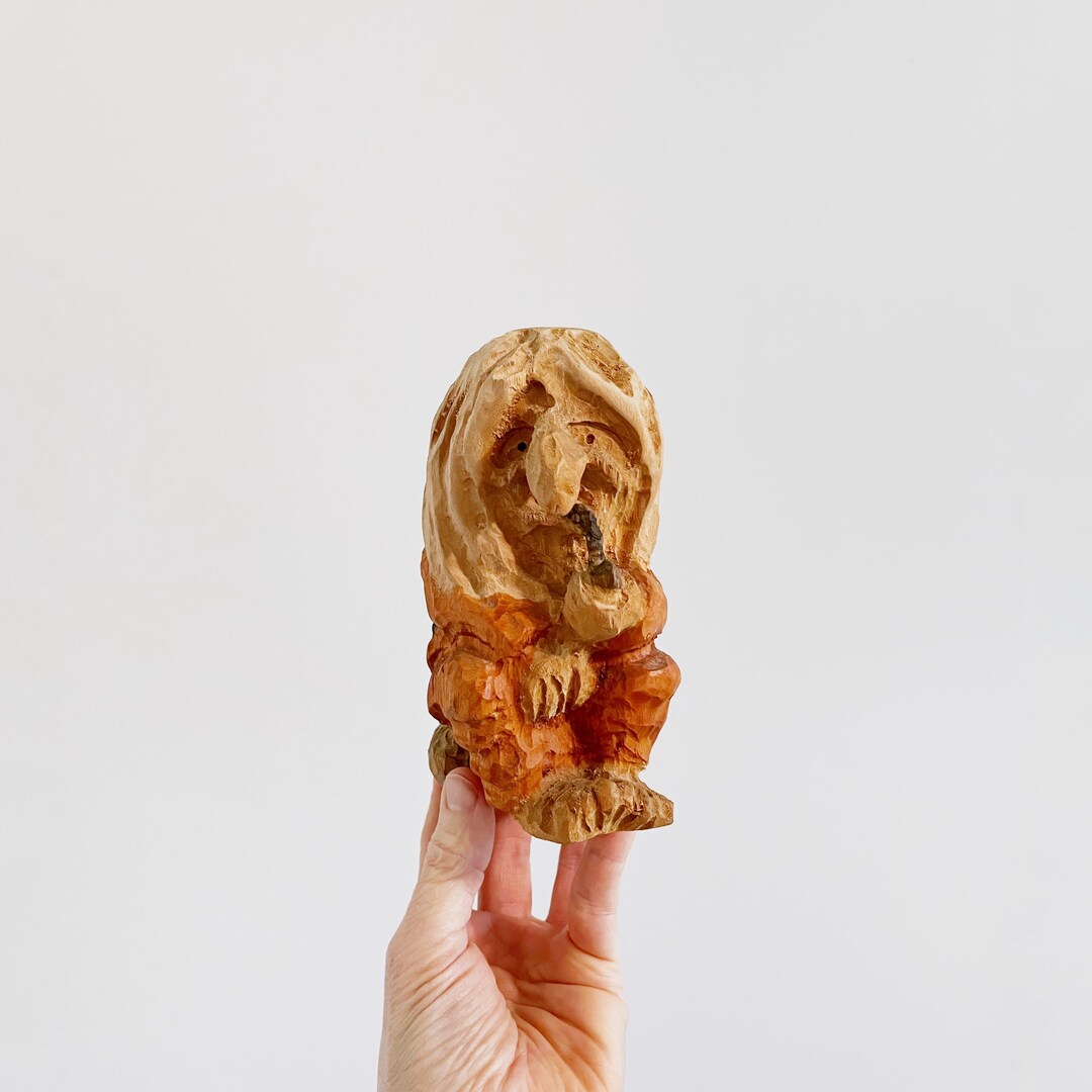 Vintage Norwegian Carved Wood Seated Pipe Smoking Troll Figurine ...