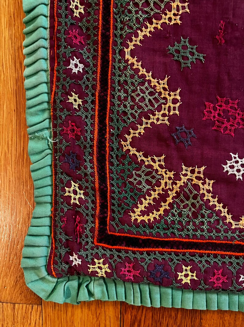 Antique / Vintage Indian Embroidered Mirror Work Textile Table Topper ...