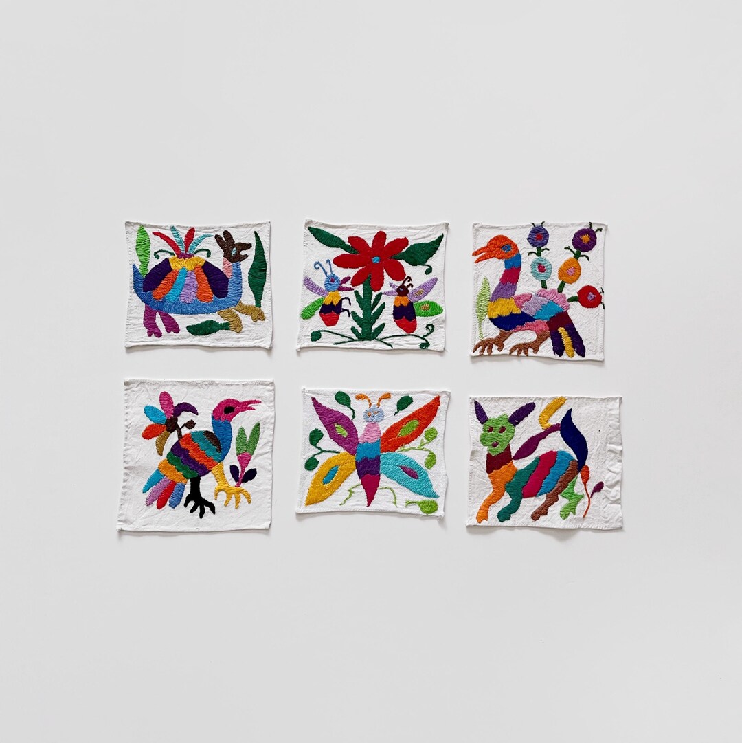 Six Vintage Latin American Otomi Tenango Colorful Embroidered Cotton ...