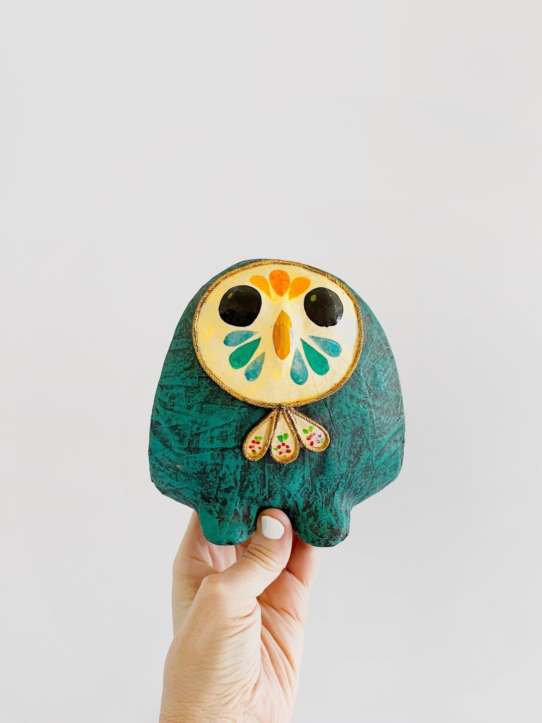 Signed Vintage Hand Painted Paper Mache Owl Made in Mexico Teal Blue ...