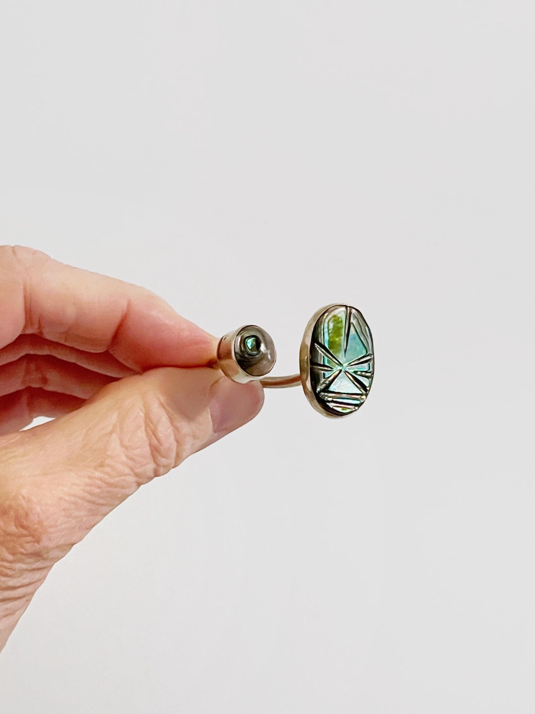 Vintage Mid Century Carved Abalone Shell and Alpaca Silver Threaded Key ...