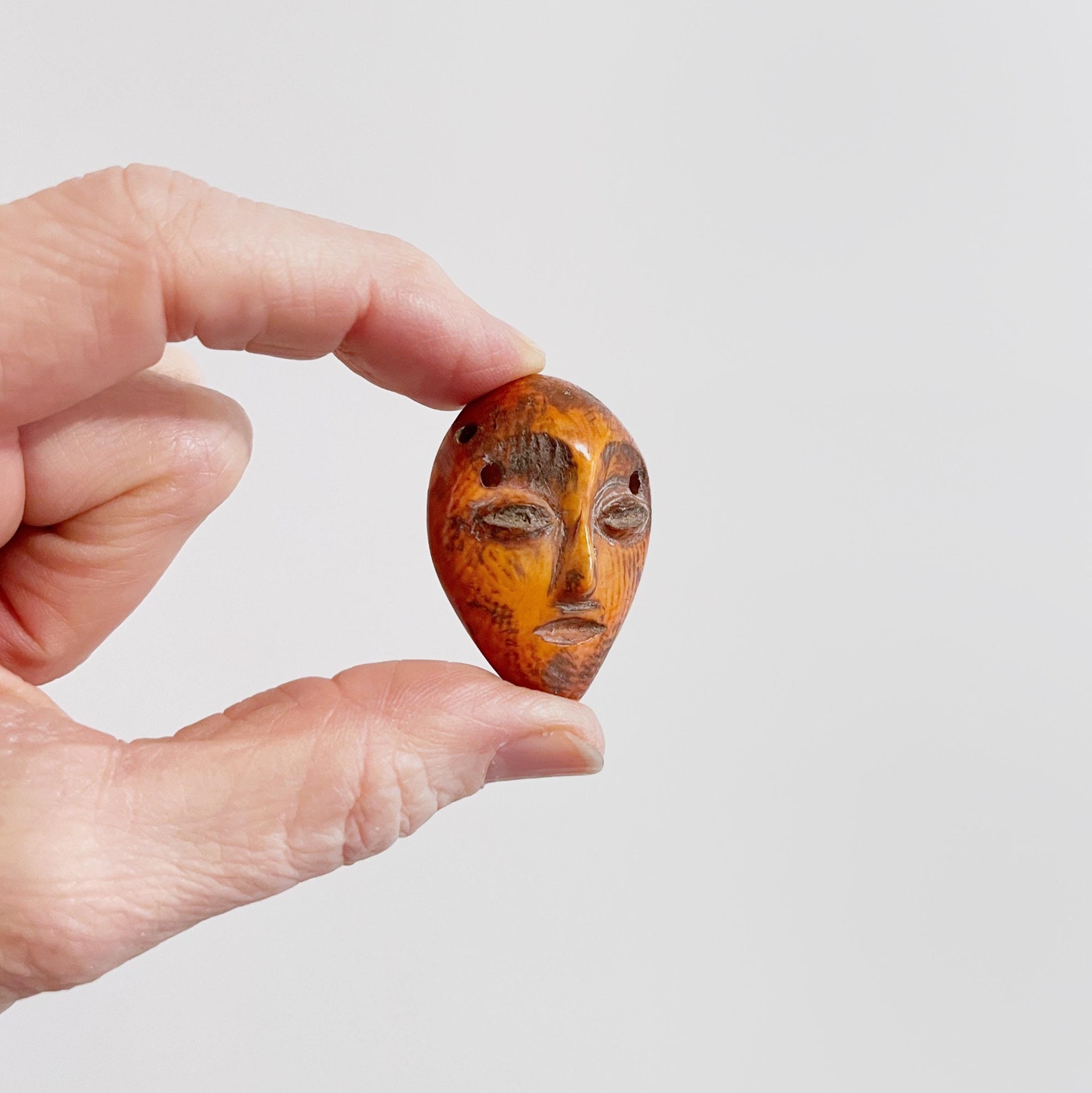 Small Vintage Hand Carved Folk Art Bone Face / Mask Pendant / Ornament ...