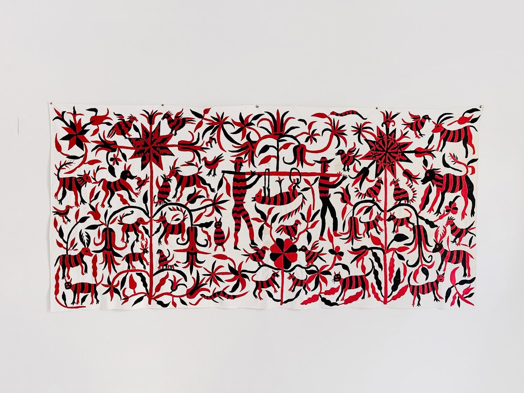 Vintage Latin American Otomi Tenango Colorful Embroidered Black / Red ...