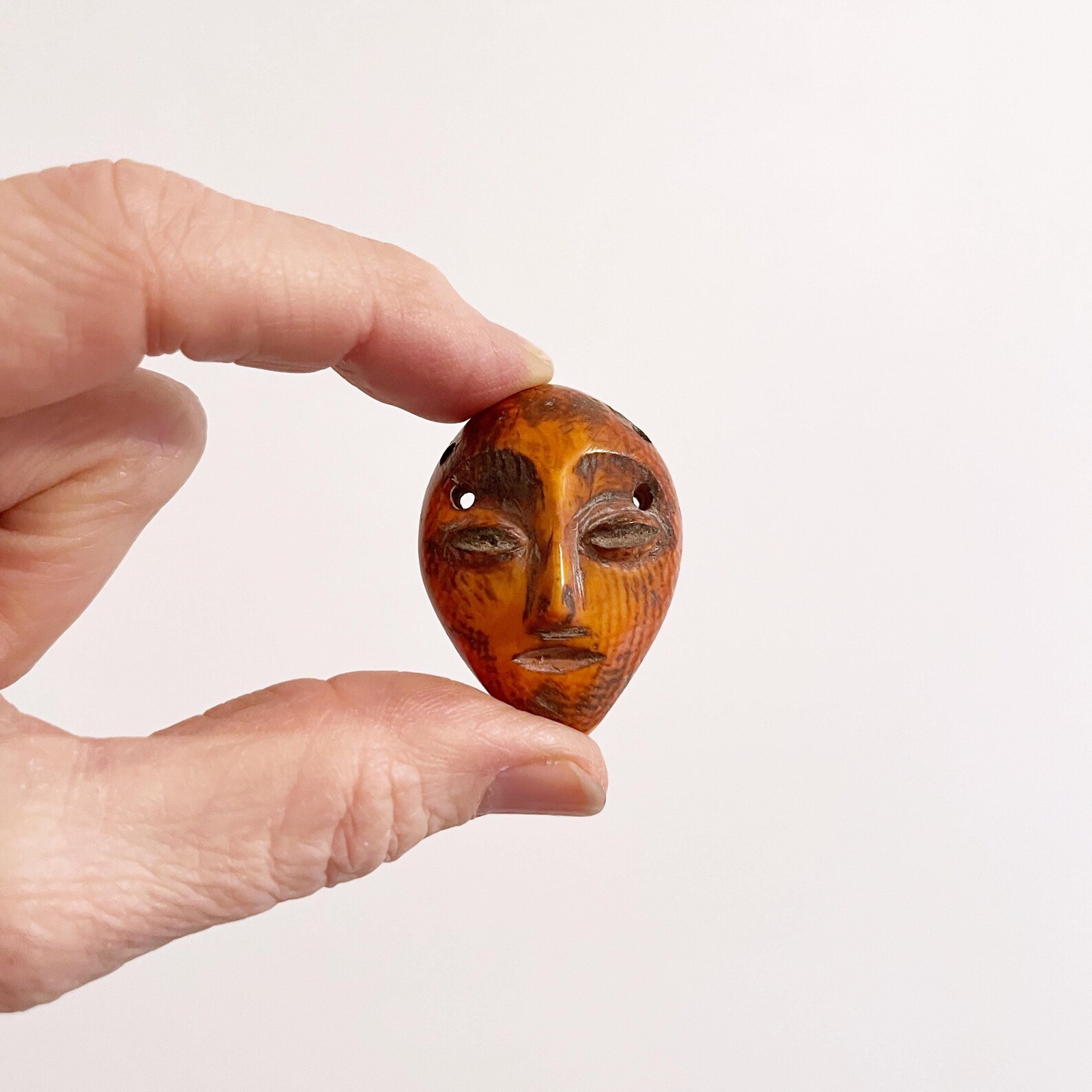 Small Vintage Hand Carved Folk Art Bone Face / Mask Pendant / Ornament ...