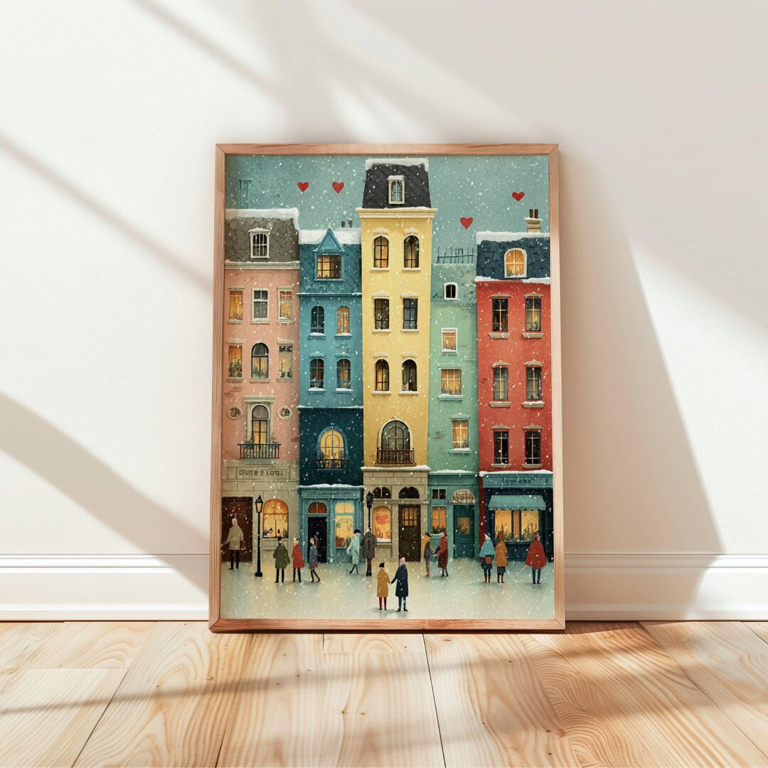 Valentines Day Wall Art, Romantic Village Art, Romantic Winter Town ...