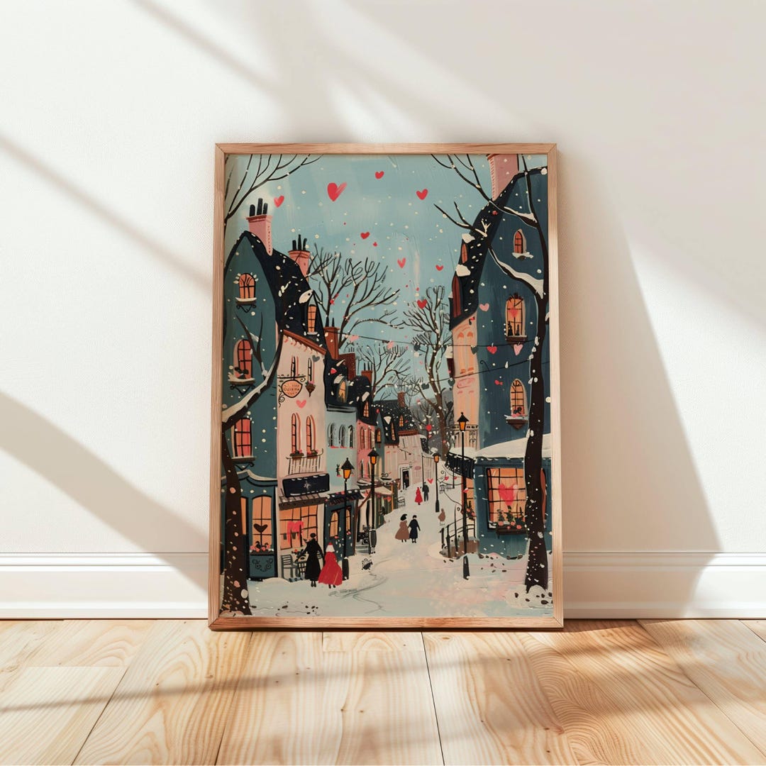 Romantic Valentines Day Village Wall Art, Romantic Winter Town Heart ...