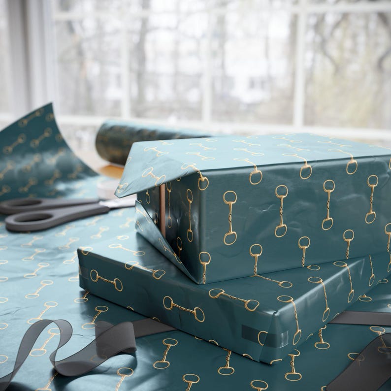 Equestrian Teal and Gold Snaffle Bit Wrapping Paper, Horse Lover Gift ...