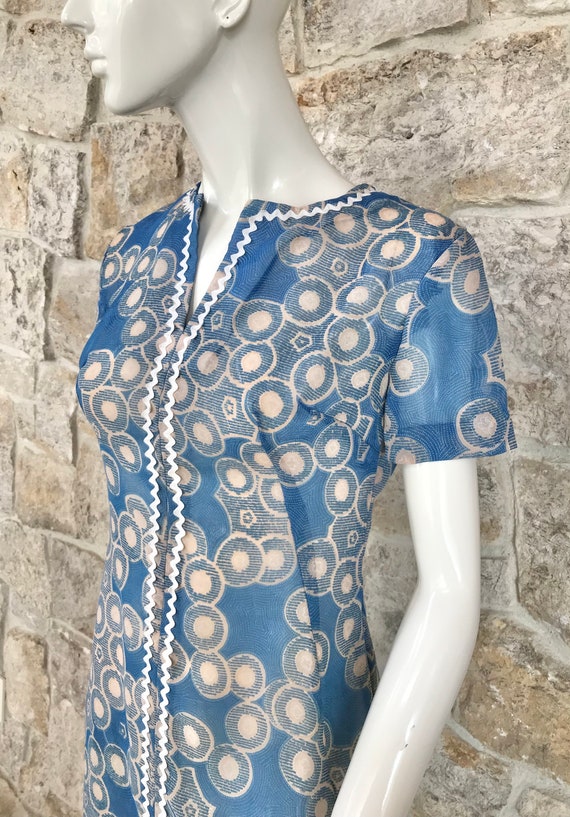 Vintage 1960s 1970s Sheer Blue Dress with Ric Rac Tri… - Gem