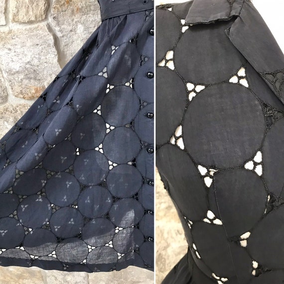 Vintage 1950s Black Eyelet Dress with Button Front - Gem