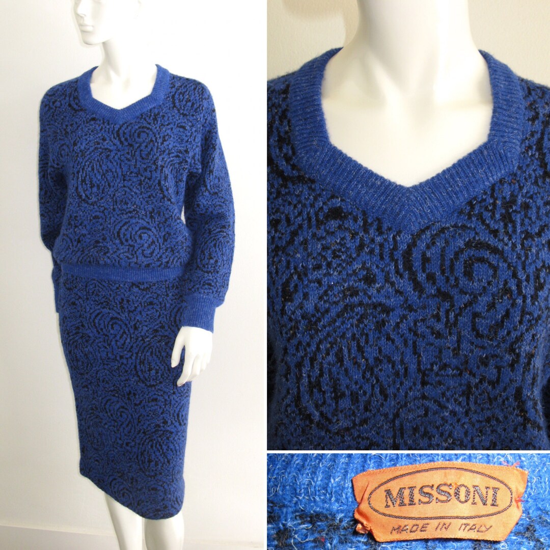 Vintage 1980s Missoni Orange Label Sweater Set in Bright Blue and Black ...