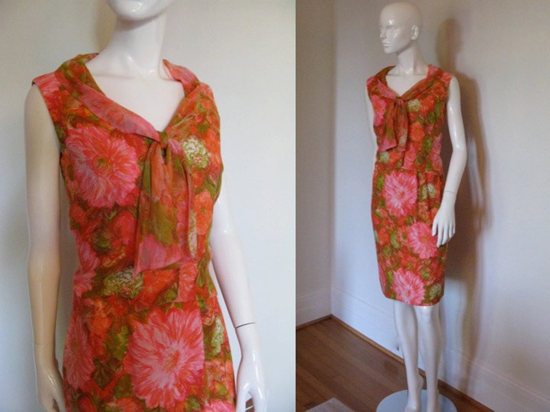 Vintage 1960's Gale Mitchell Tropical Colored Floral 2pc Set Dress With ...