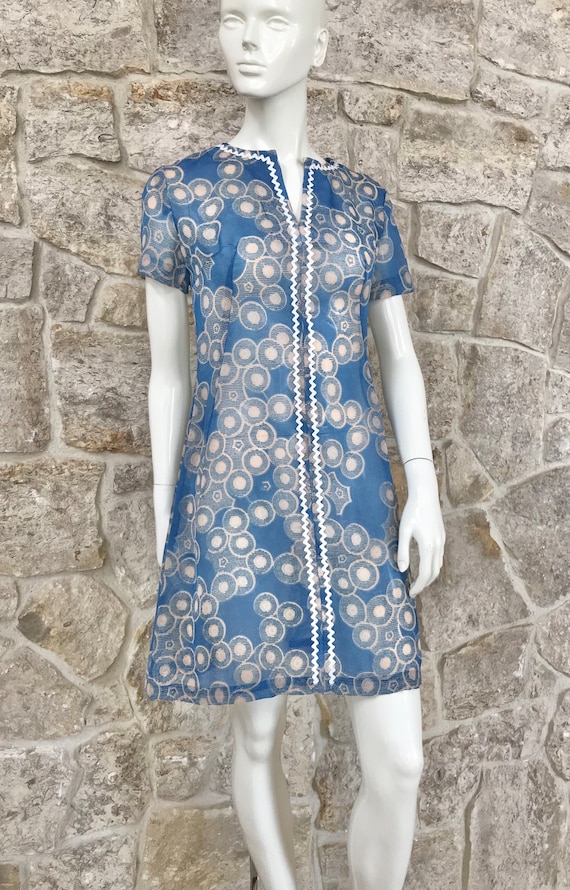 Vintage 1960s 1970s Sheer Blue Dress with Ric Rac Tri… - Gem