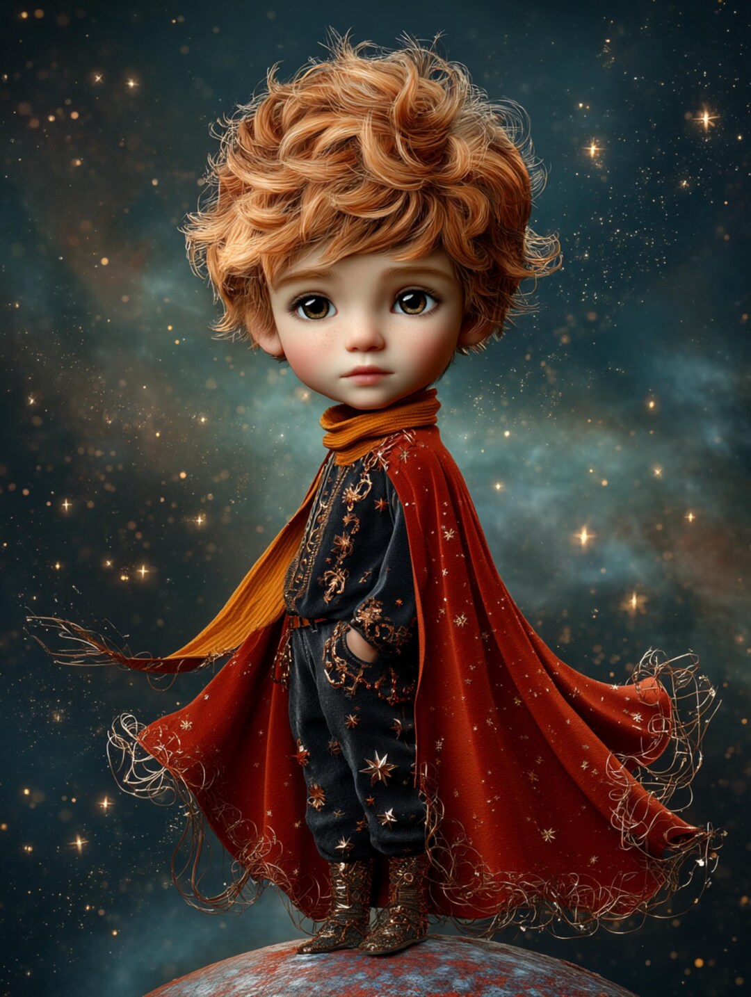 Little Prince Galaxy Art Print – Whimsical Puppet Style Boy With Cape ...