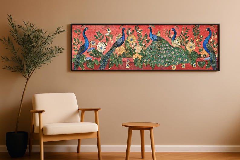 Long Narrow Horizontal Peacock Canvas, Vibrant Cultural Wall Art ...