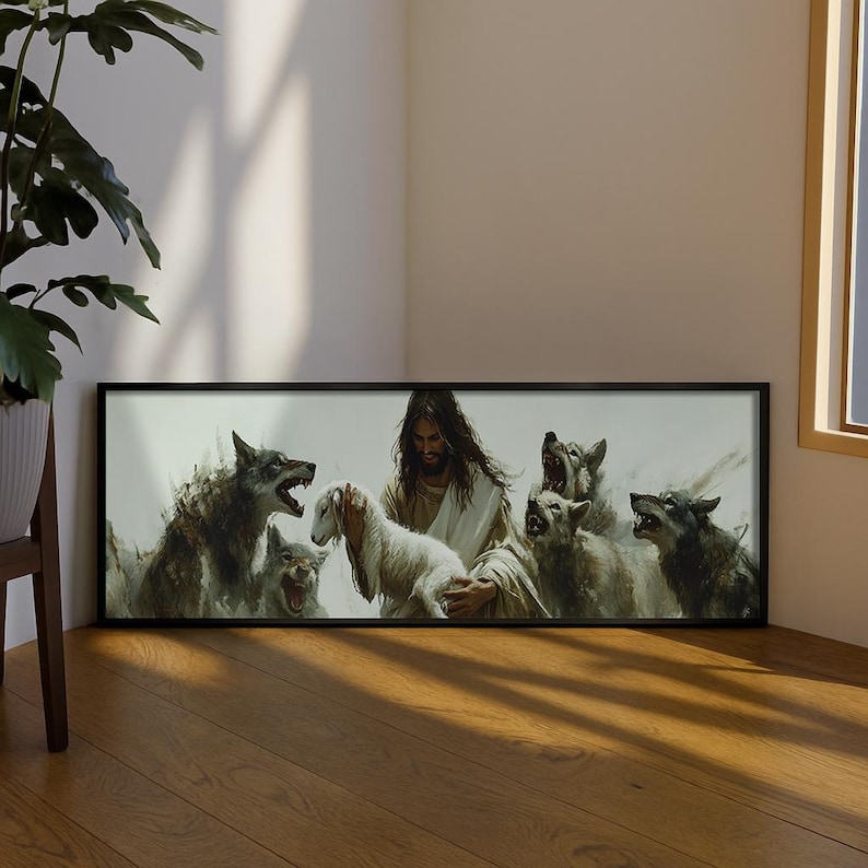 Jesus Protecting the Lamb Panoramic Wall Art : Narrow Horizontal Wall ...