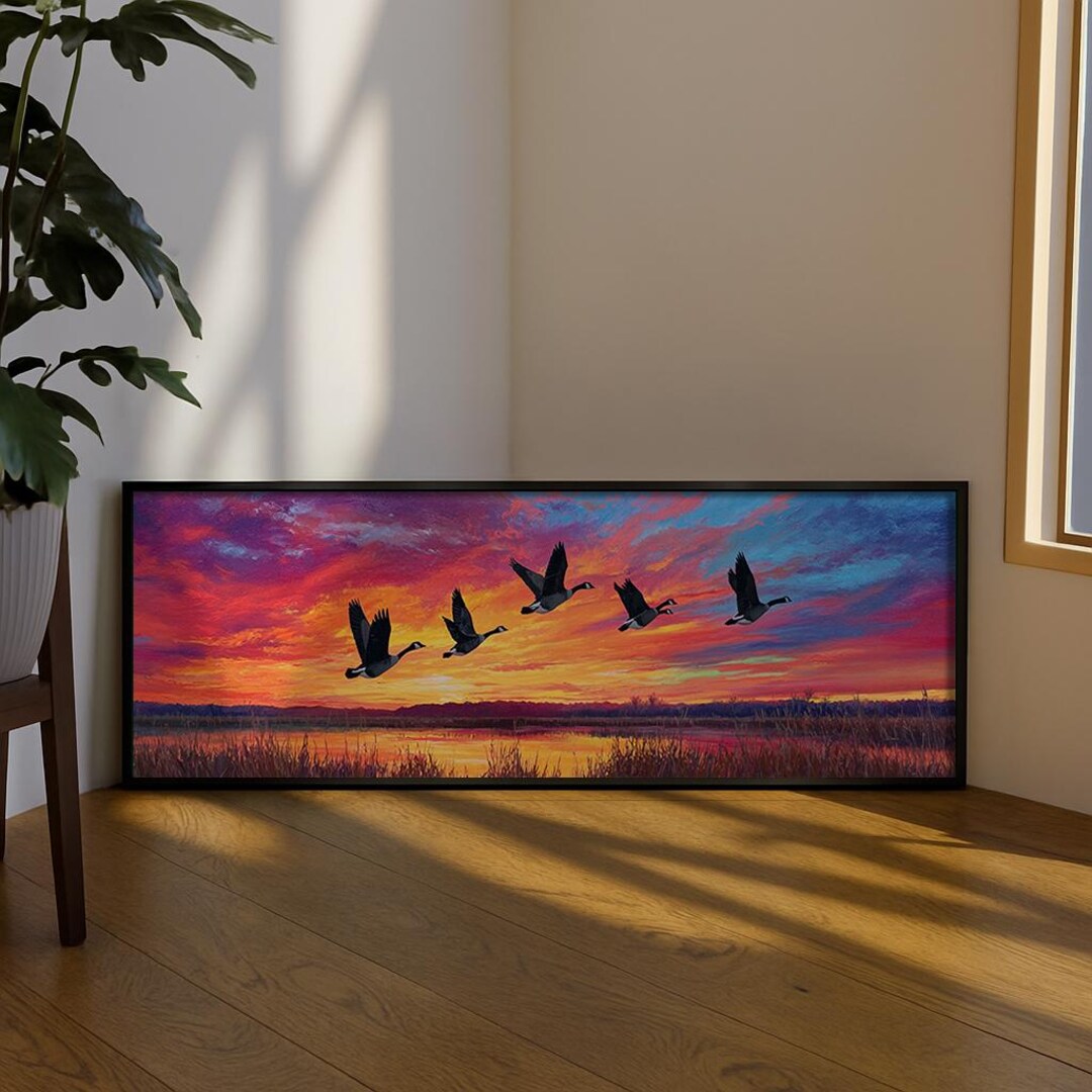 Horizontal Sunset Long Narrow Wall Art : Flying Goose Canvas, Sky ...