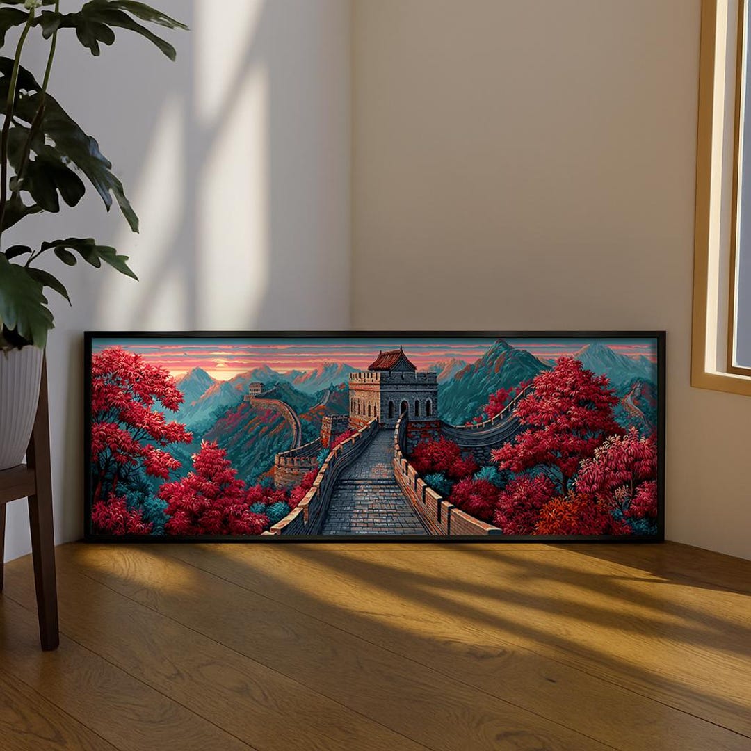 Great Wall Panorama Long Narrow Wall Art : Horizontal Japandi Landscape ...