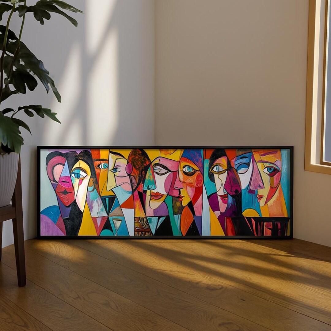 Cubist Portrait Long Narrow Canvas Wall Art: Modern Geometric Abstract ...