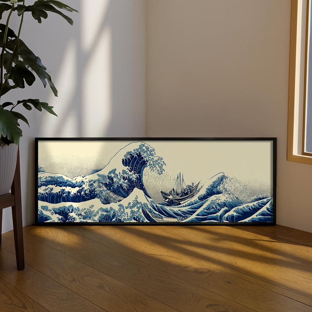 Horizontal Japanese Wave Long Narrow Canvas : Framed Modern Coastal ...