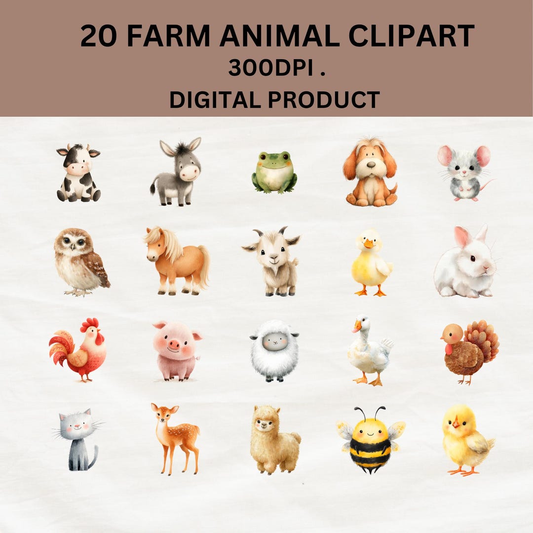 Watercolor Farm Animal Clipart, Nursery Art, Mugs, Stickers (PNG ...