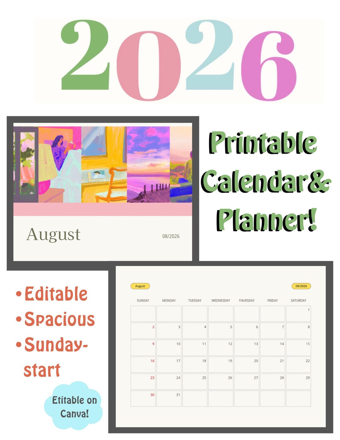 2026 Printable Calendar & Planner | Editable Canva Template | Artsy ...