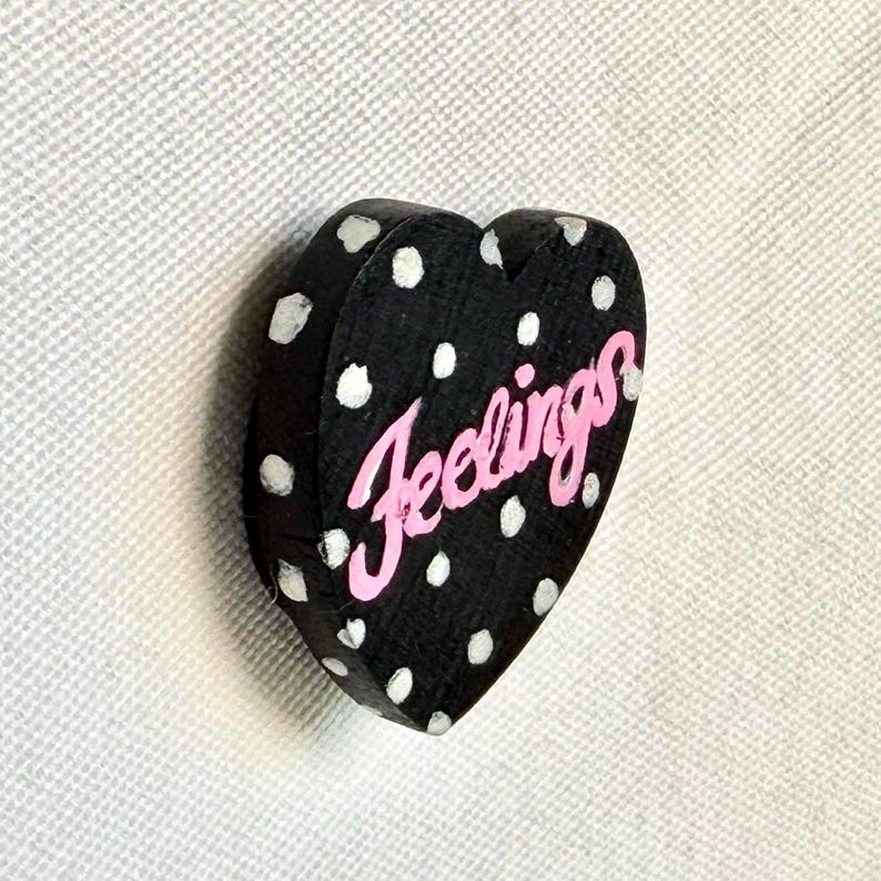 Heart Magnet Black Miniature Art Handpainted Wood White Pink Dots ...