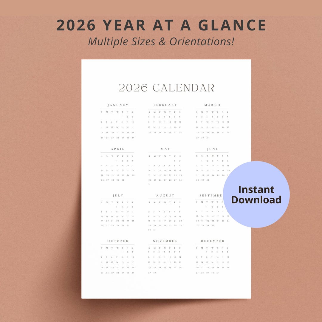 Year at A Glance 2026 Calendar Printable PDF Download Full Year One ...
