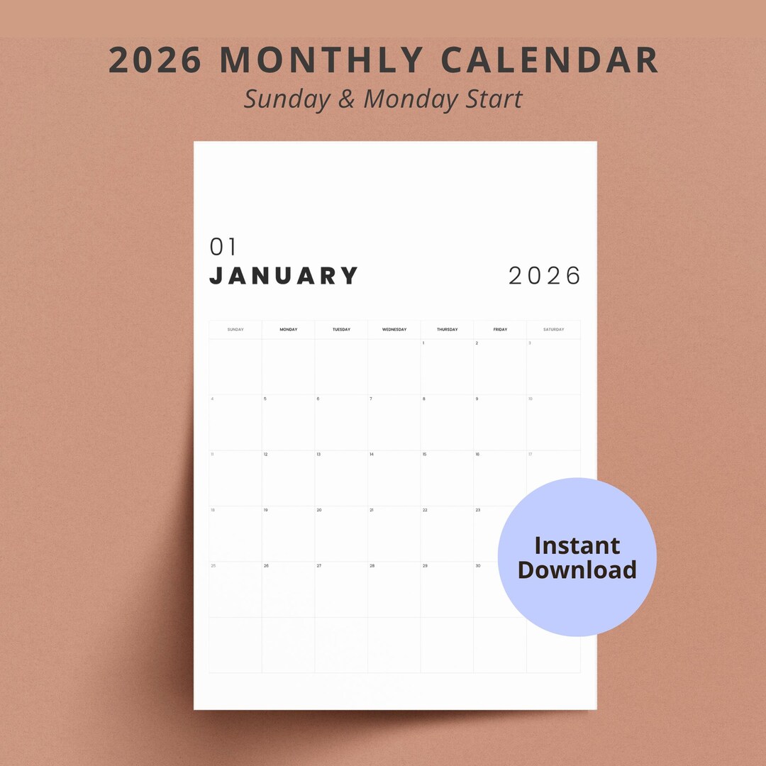 2026 Digital 12 Month Calendar Monthly Template Downloadable Vertical ...