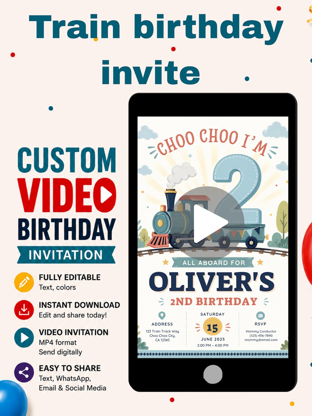 Blue Train Birthday Invitation , Animated Train Birthday Invite,train ...
