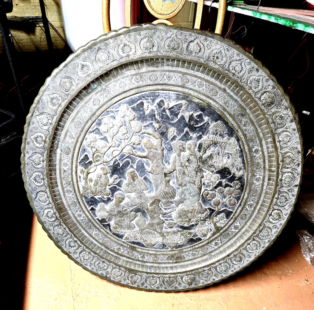 Antique Tin Plated Copper Engraved Paradise Table Tray . 31" Diameter ...
