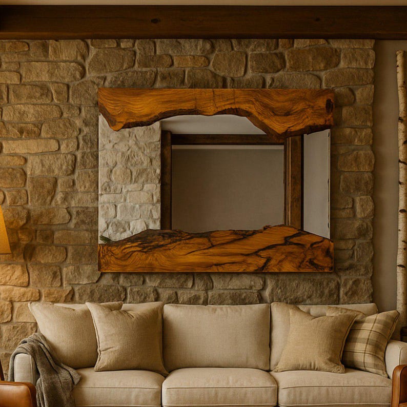 Rustic Olive Wood Mirror, Living Room Decor, Handmade Live Edge Wall ...