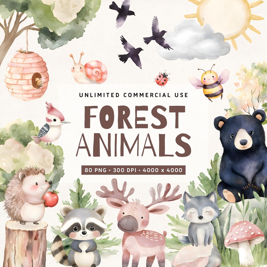 Watercolor Forest Animals Clipart, Cute Woodland Animals, Baby Nursery ...
