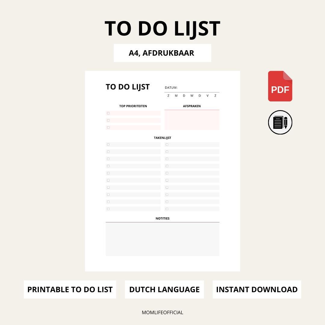 Printable to Do List PDF | Dutch Language | Daily Task Planner ...