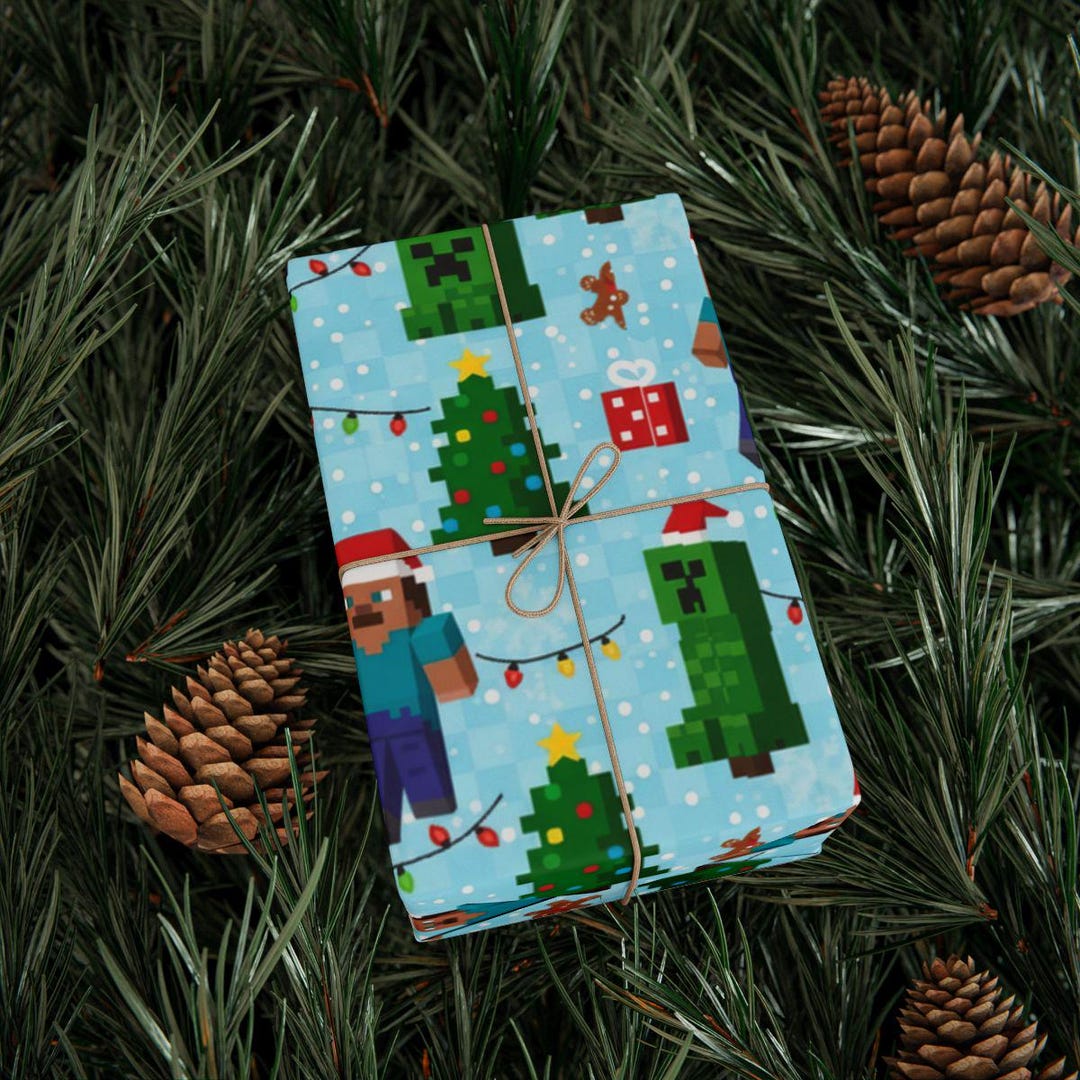 Minecraft Christmas Wrapping Paper, Gamer Holiday Decor, Pixel Art Gift ...