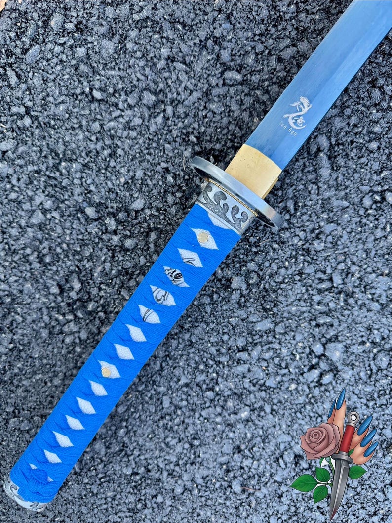 Handmade Carbon Steel Katana: Blue Wrapped Samurai Sword With Display ...