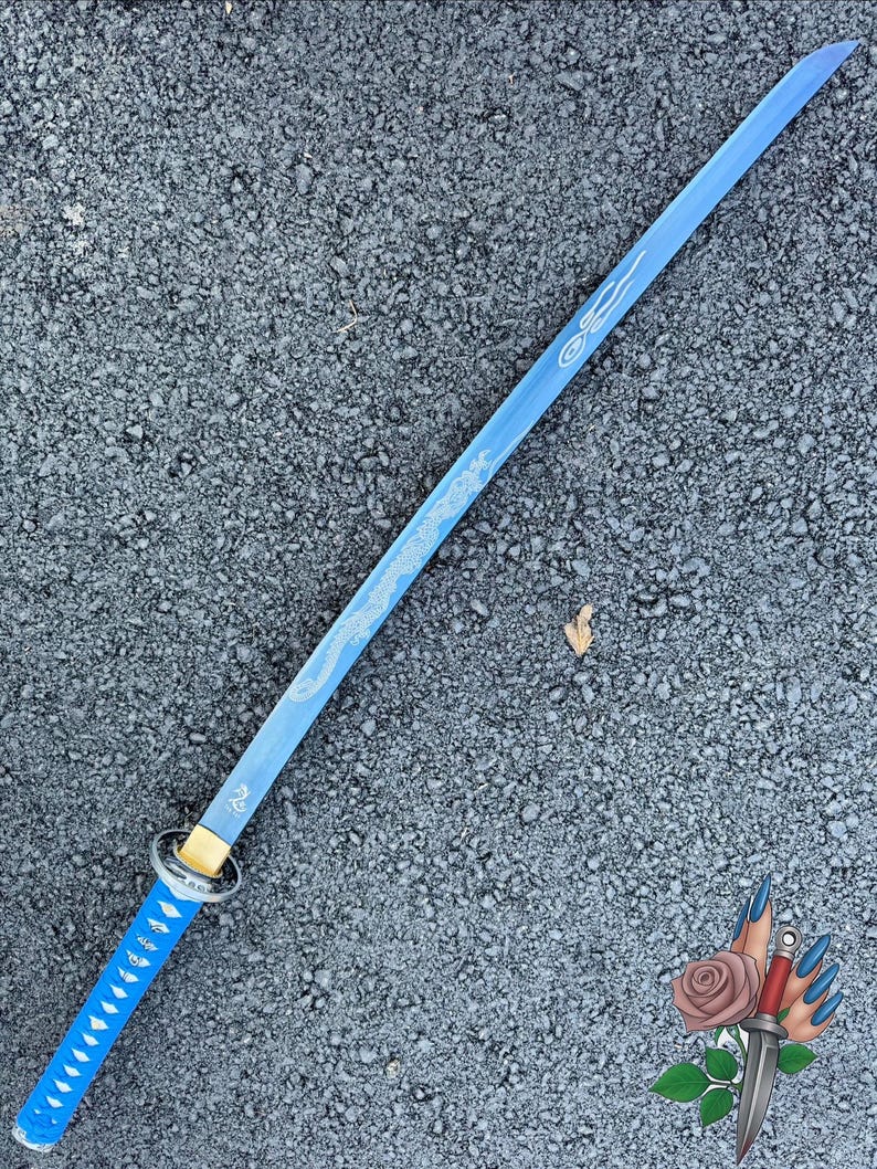 Handmade Carbon Steel Katana: Blue Wrapped Samurai Sword With Display ...