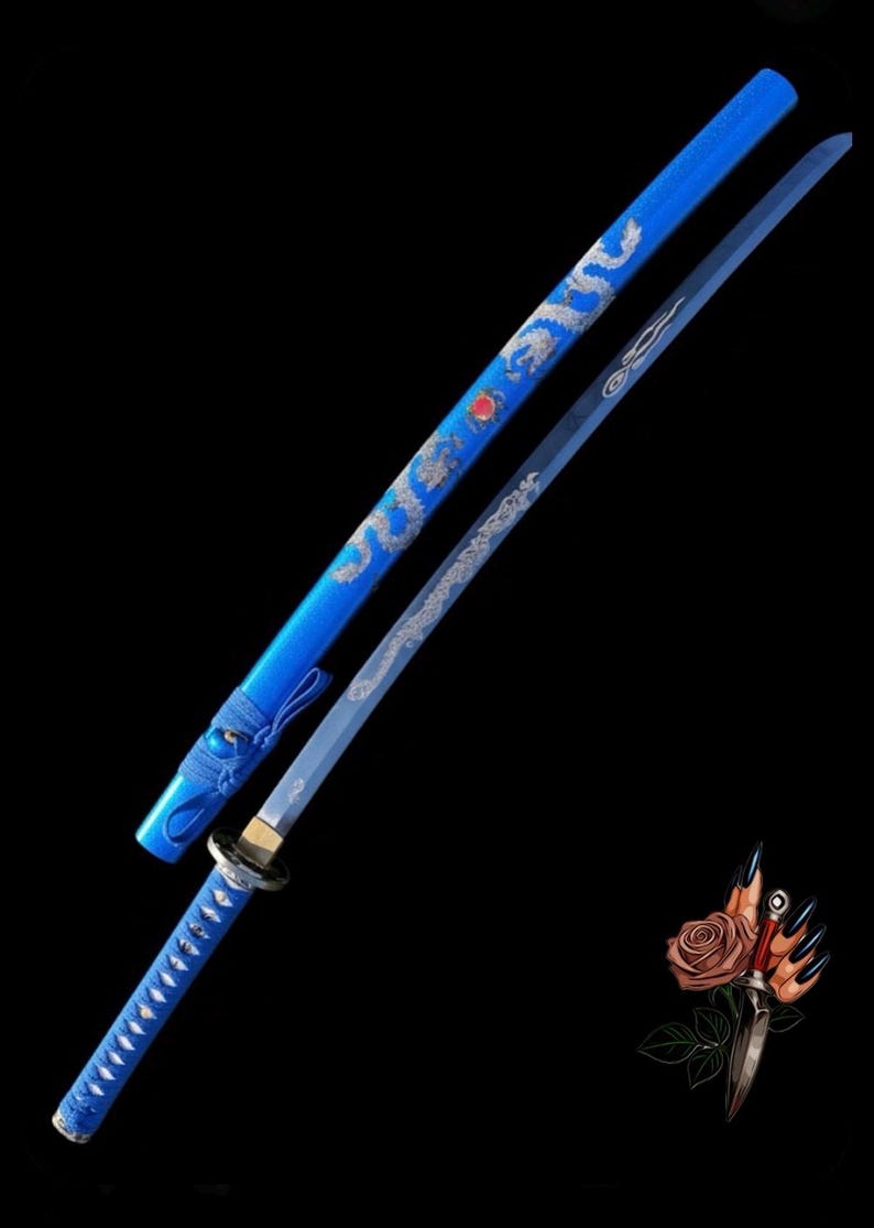Handmade Carbon Steel Katana: Blue Wrapped Samurai Sword With Display ...