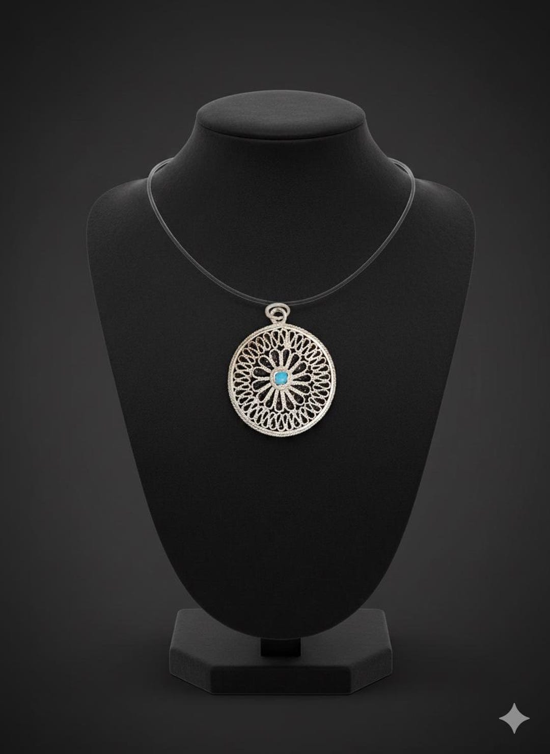 Vintage Silver Filigree Pendant – Round Floral Rosette With Turquoise ...