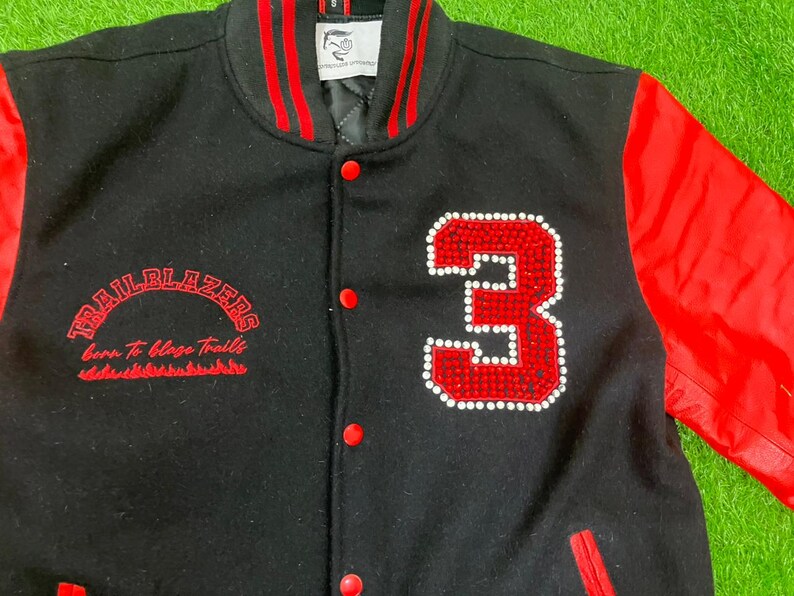Rhinestone Wool Varsity Jacket With Leather Sleeves - Etsy