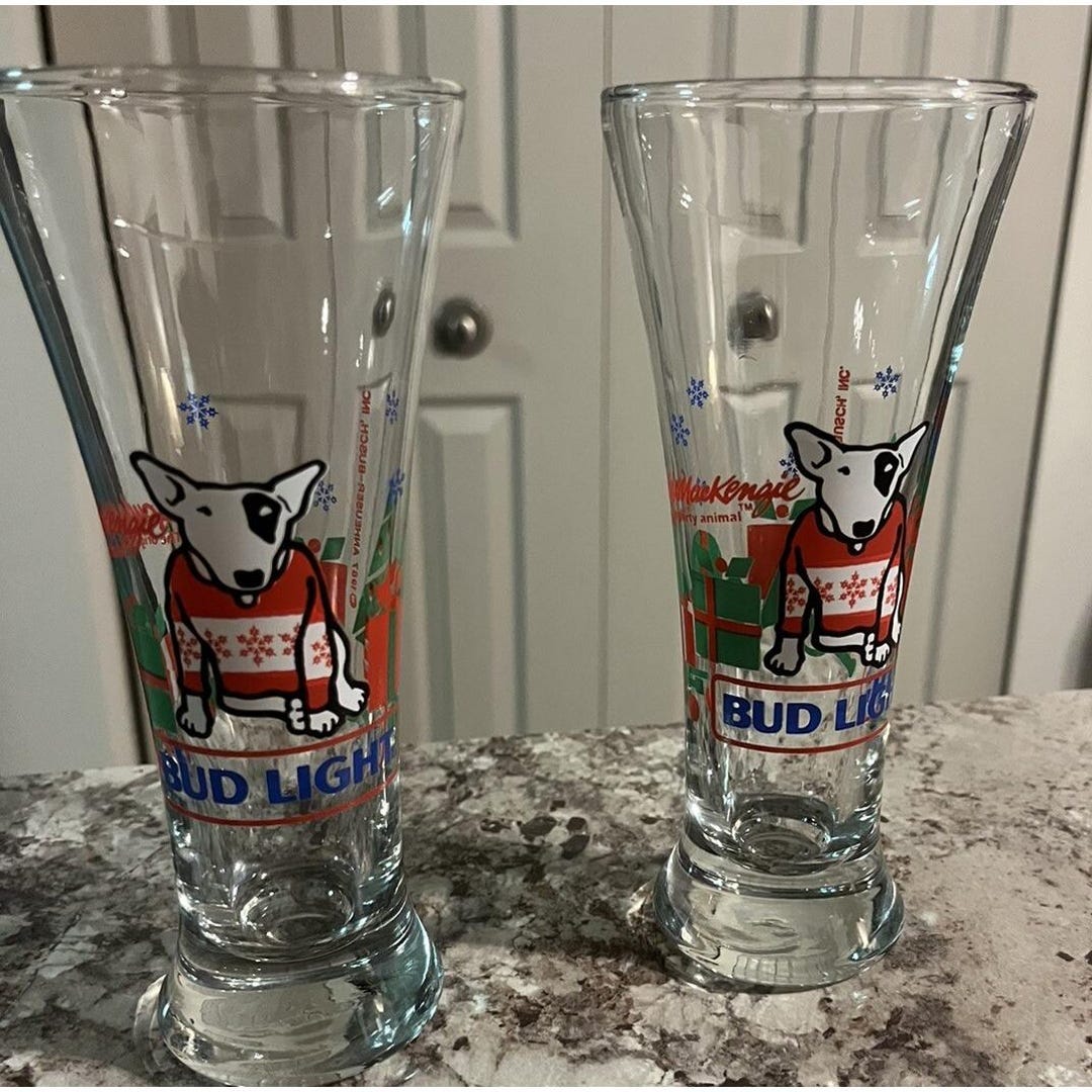 2 Bud Light 1987 Spuds Mackenzie Pilsner Beer Glasses Christmas Org ...