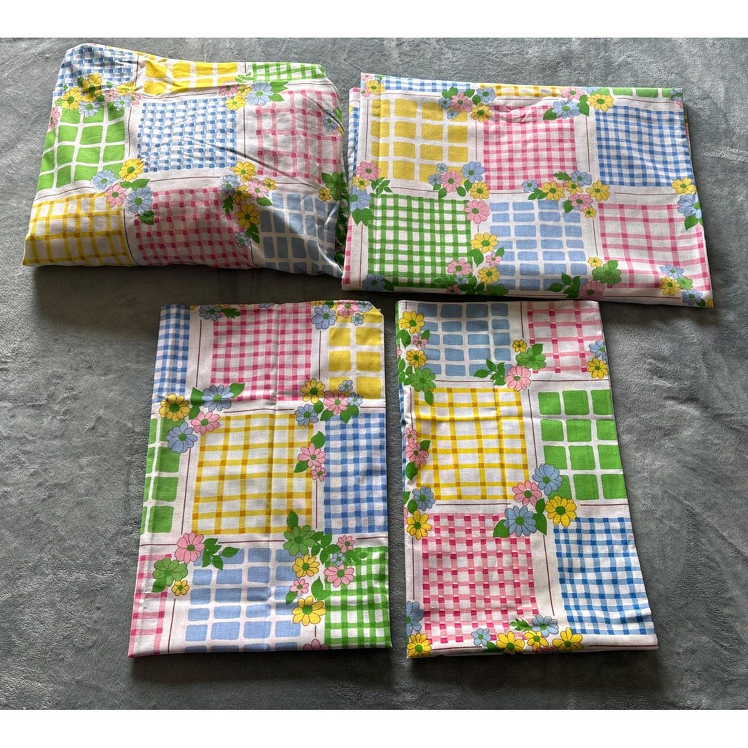 Vintage Cannon 70s Daisy TWIN SIZE Sheet Set Gingham Square Monticello ...