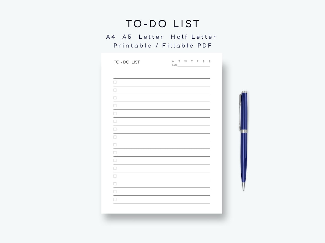 Simple To-do List, A4, A5, Letter, Half Letter, Printable and Fillable, PDF Format - Etsy