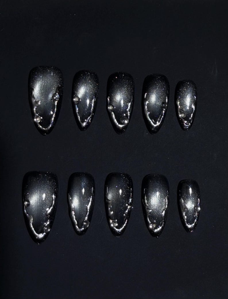 Black Cat Eye Almond Press-on Nails | Glossy Chrome Gothic False Nails ...