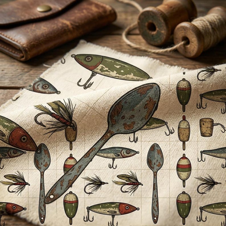Vintage Fishing Tackle Box Seamless Pattern Retro Lure Fabric Design ...