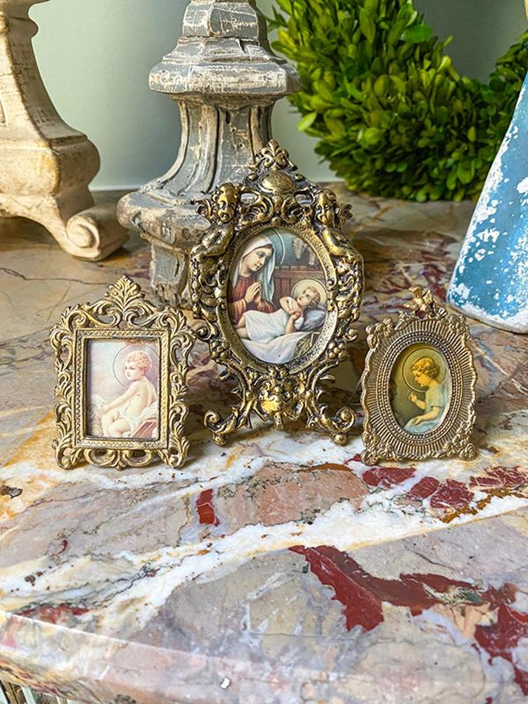 Religious Art, Trio of Miniature Framed Prayer Cards, Vintage, Estate ...