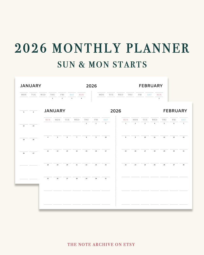 2026 Monthly Planner Printable, Minimal Layout (PDF) - Etsy