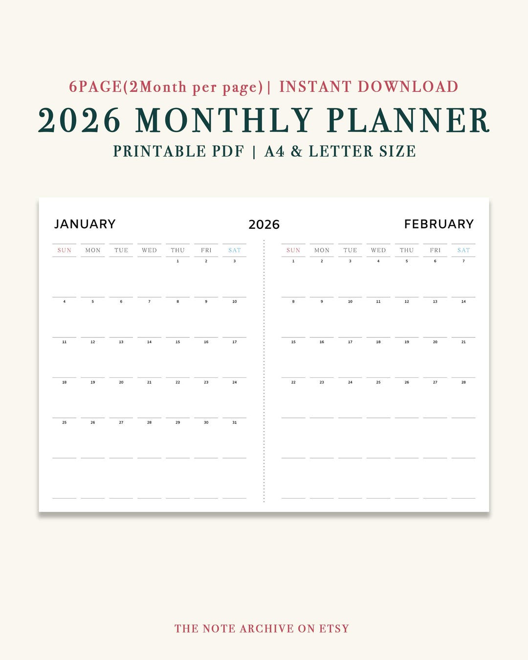 2026 Monthly Planner Printable PDF, 2 Months per Page Calendar, A4 & US ...